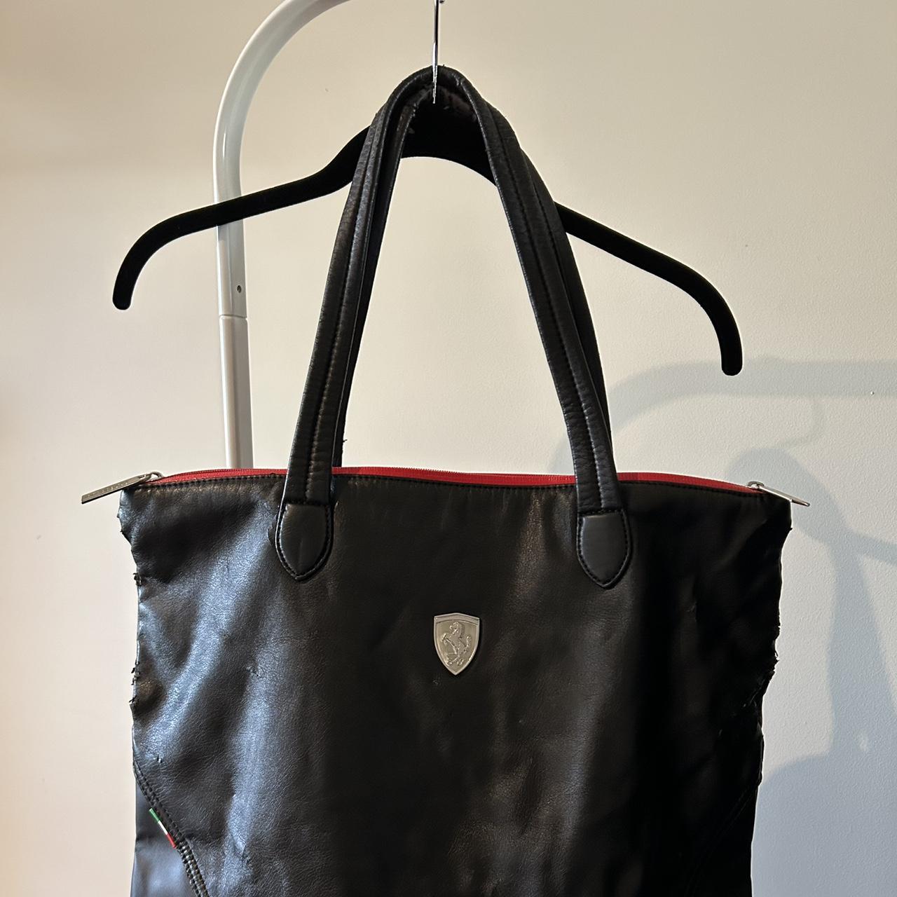 Black leather Puma Ferrari collab large tote bag... - Depop