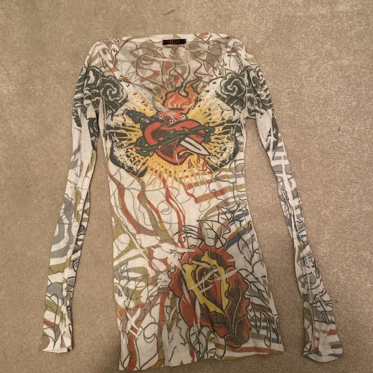 Vintage y2k Ed hardy style long sleeve v neck... - Depop