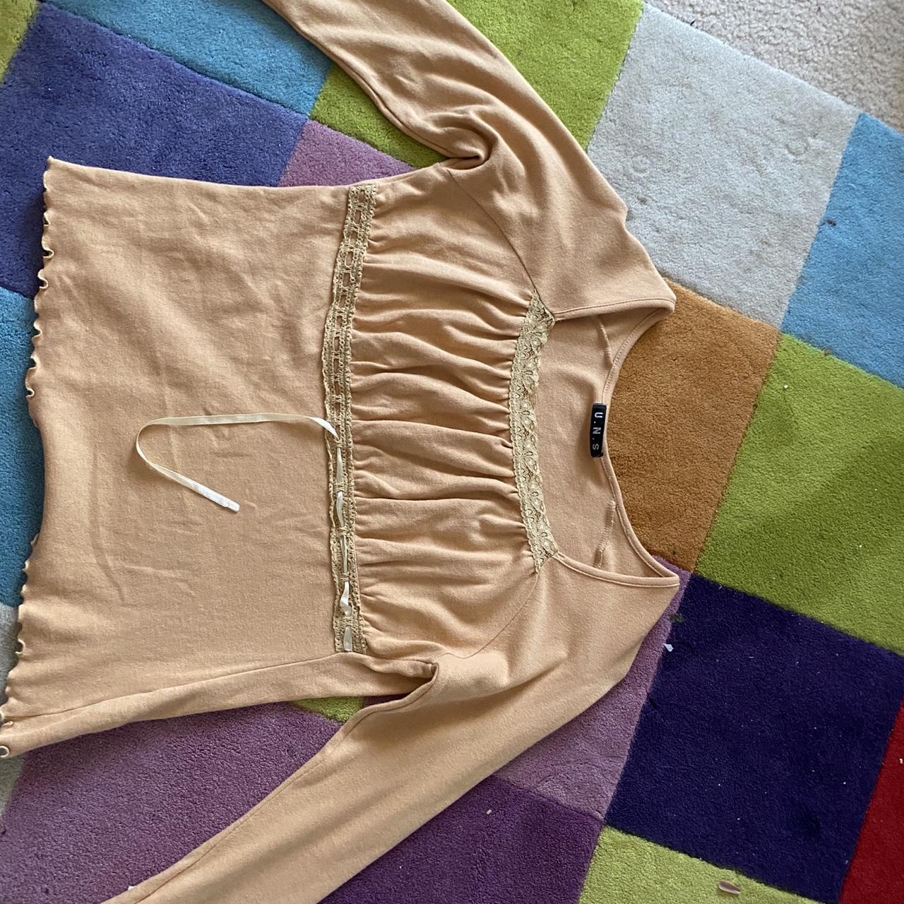 Vintage Tan long sleeve top with lace detailing... - Depop