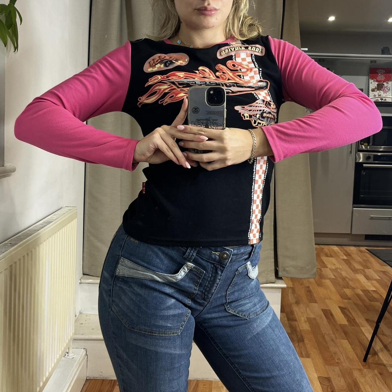 Lady Mei 2000s pink and black long sleeve top Racer... | Depop