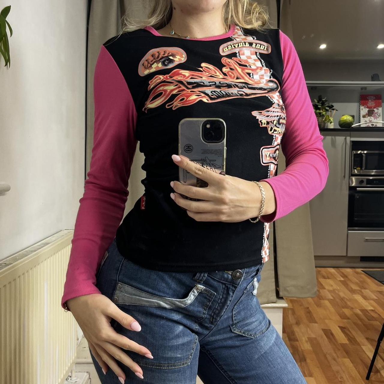 Lady Mei 2000s pink and black long sleeve top Racer... | Depop