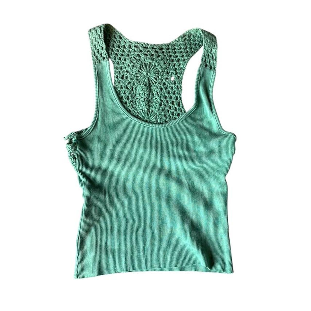 Green ribbed tank with crochet back, a few loose... | Depop