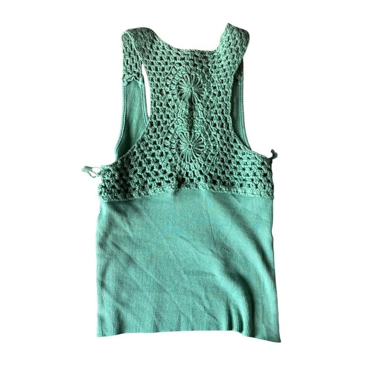 Green ribbed tank with crochet back, a few loose... | Depop