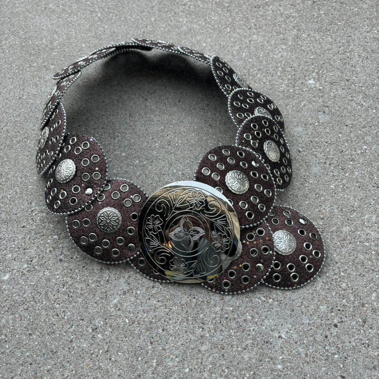 Y2K disc belt with brown sparkles and sliver belt... - Depop