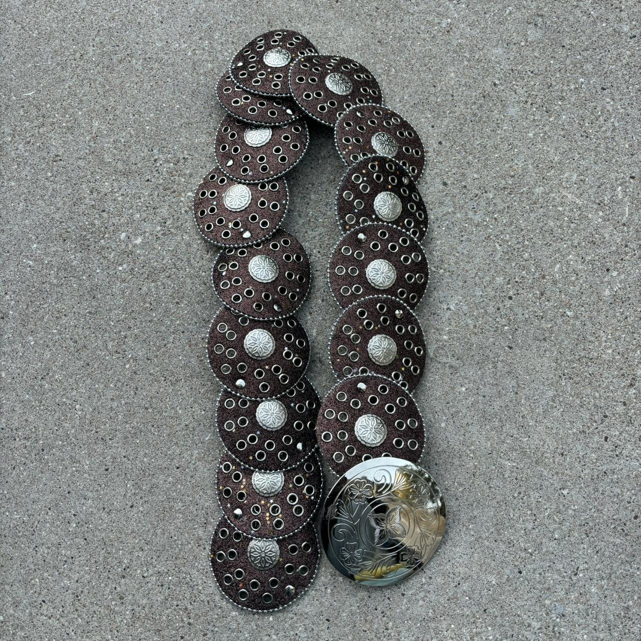 Y2K disc belt with brown sparkles and sliver belt... - Depop