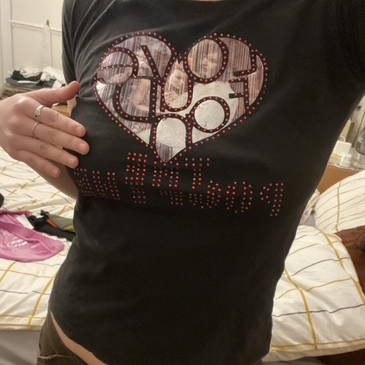 y2k diamonte/ bedazzled baby tee with cute graphic... - Depop
