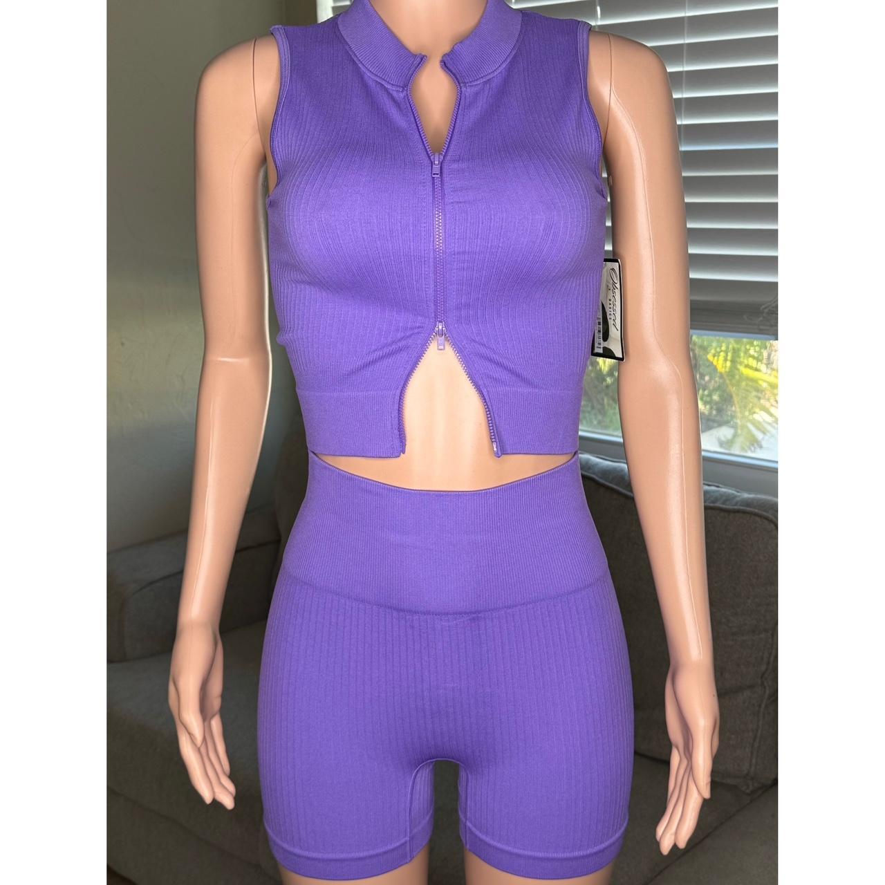 Purple Double Zipper Two Piece Workout Set Great... - Depop