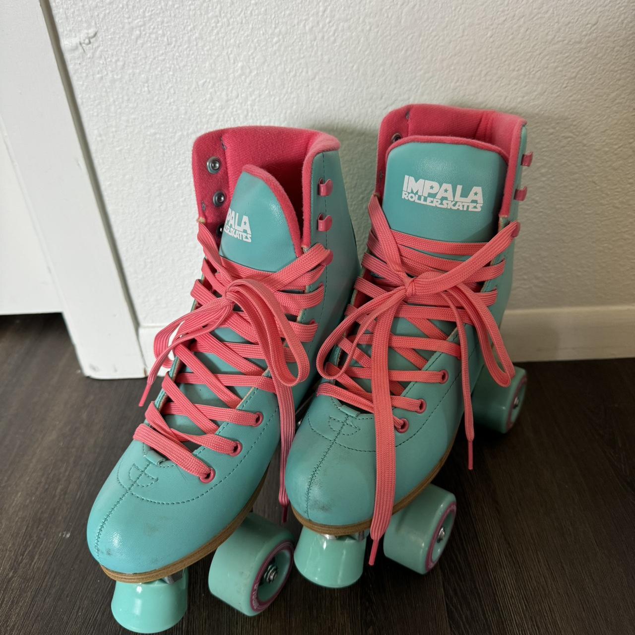 Pink and blue retro IMPALA roller skates SIZE 8 with... | Depop