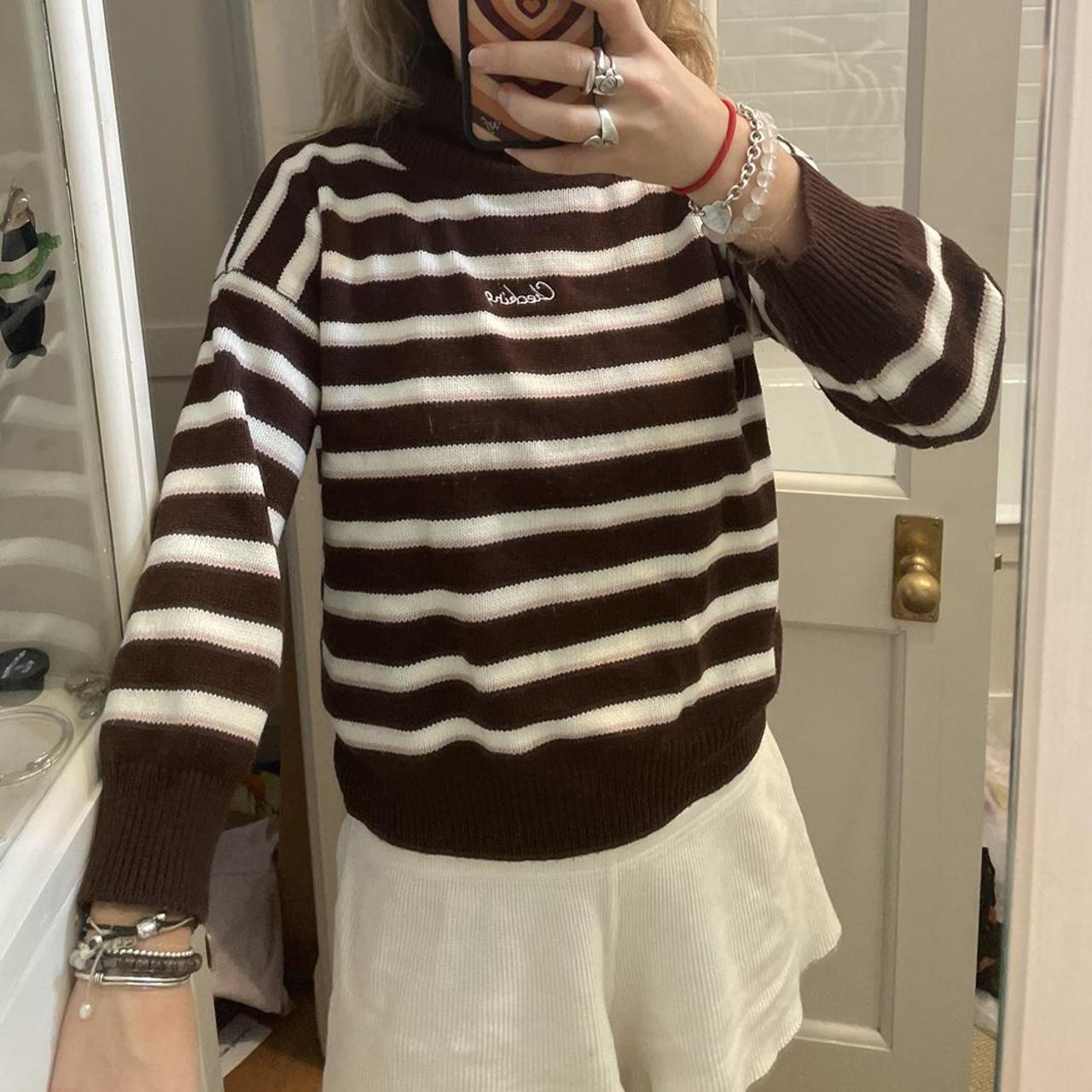 Brown & White Knit Chunky Knit turtle neck / high... - Depop