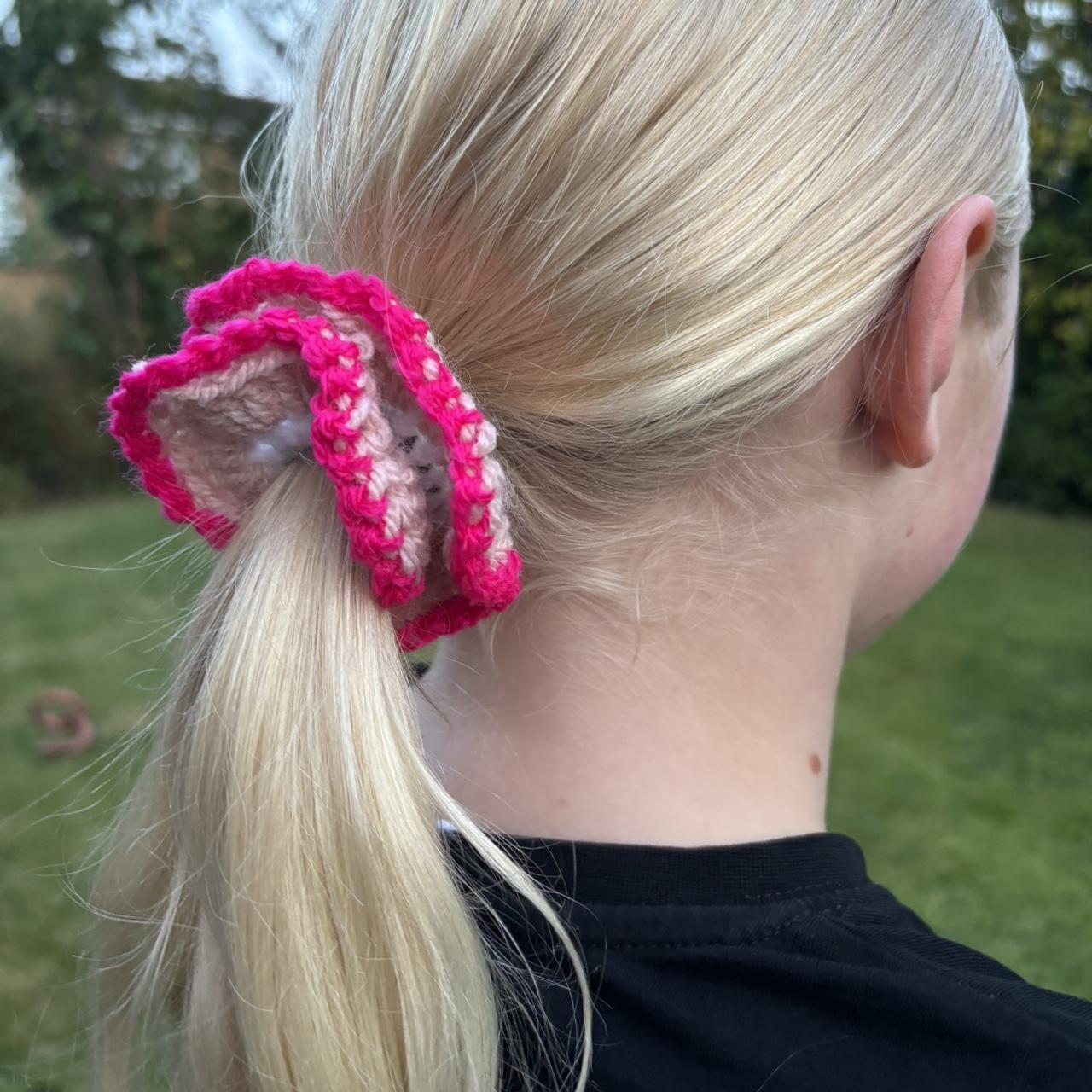 Pink & white crochet handmade scrunchie size small... - Depop