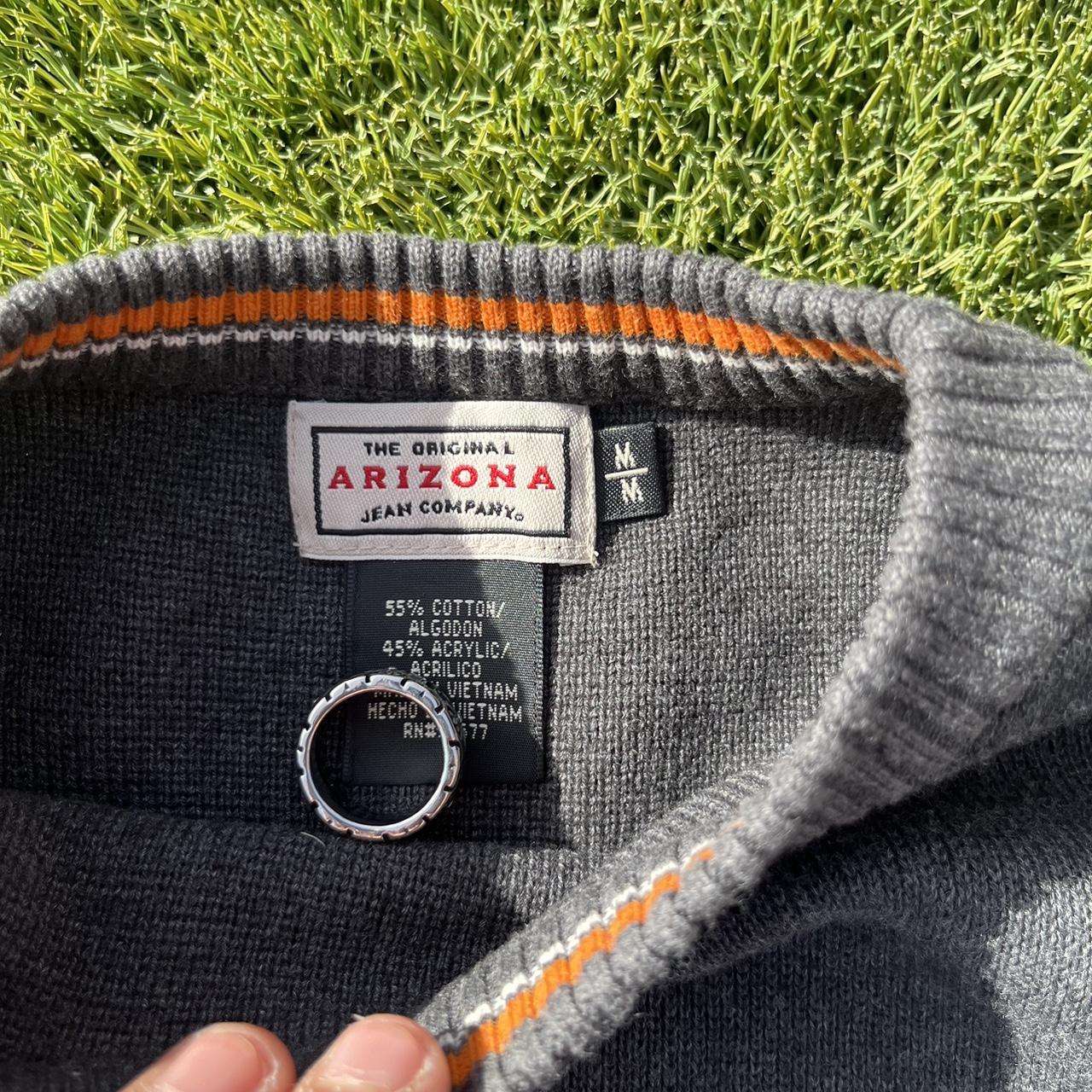 Grey Arizona sweater with orange stripes - Depop