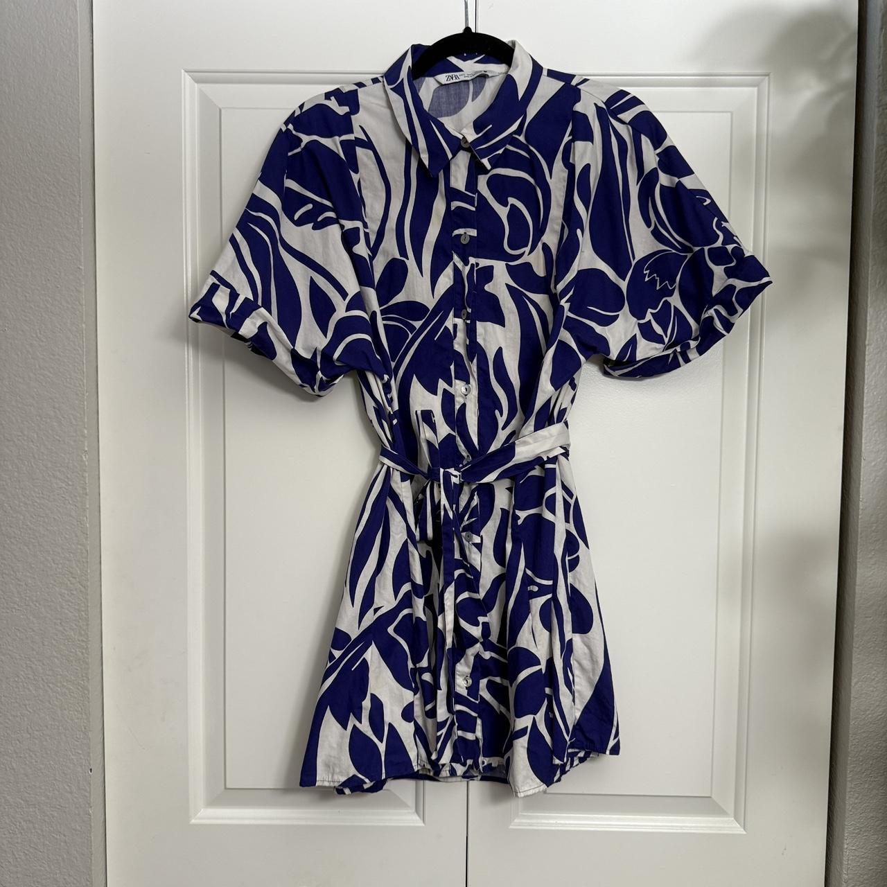 Blue and white Zara dress with belt #ZaraDress Size... | Depop