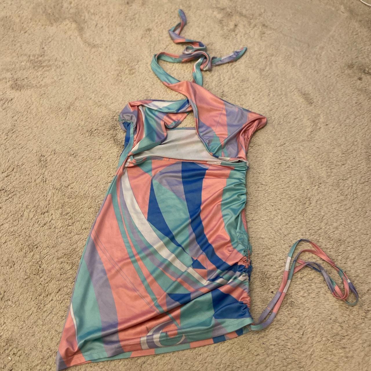 Koko bay wrap mini dress in green and blue tie neck... - Depop