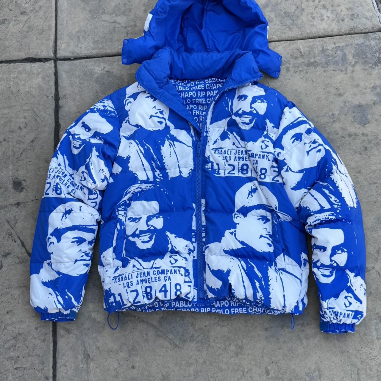 Blue and white Asaali Jeans Company puffer jacket... | Depop