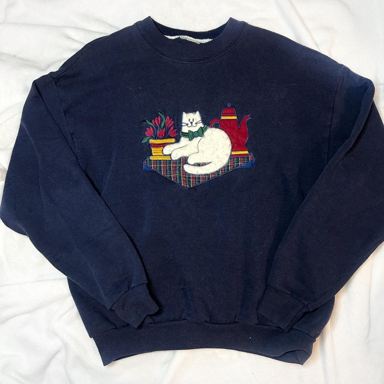 Navy Blue Cat Sweater 🐈Adorable lil grandma sweater!... - Depop