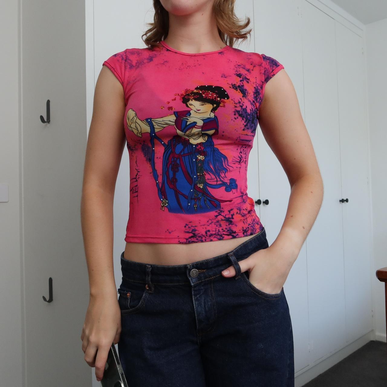 2000s pink graphic top Micro mesh fabric Bright... | Depop