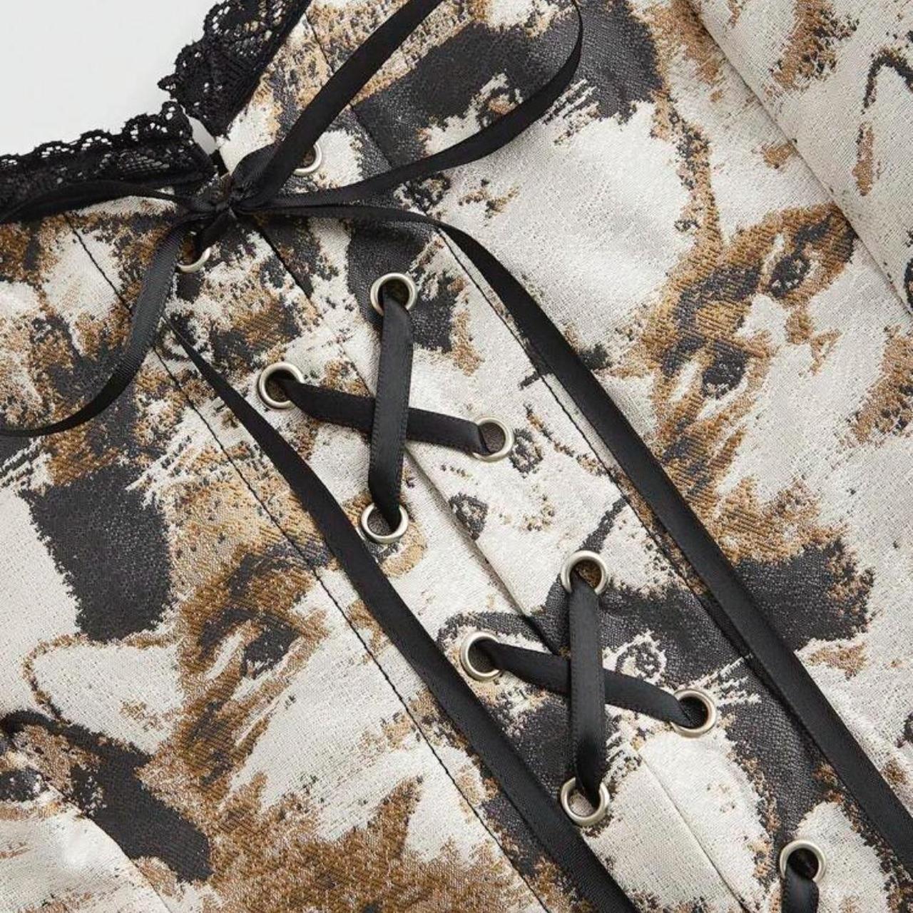 Cute Women's Lace Trim Cat Print Zip Corset Top | Depop