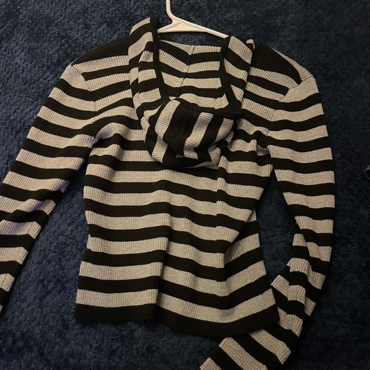 Emo Gunge Black and grey striped long sleeved zip up... | Depop