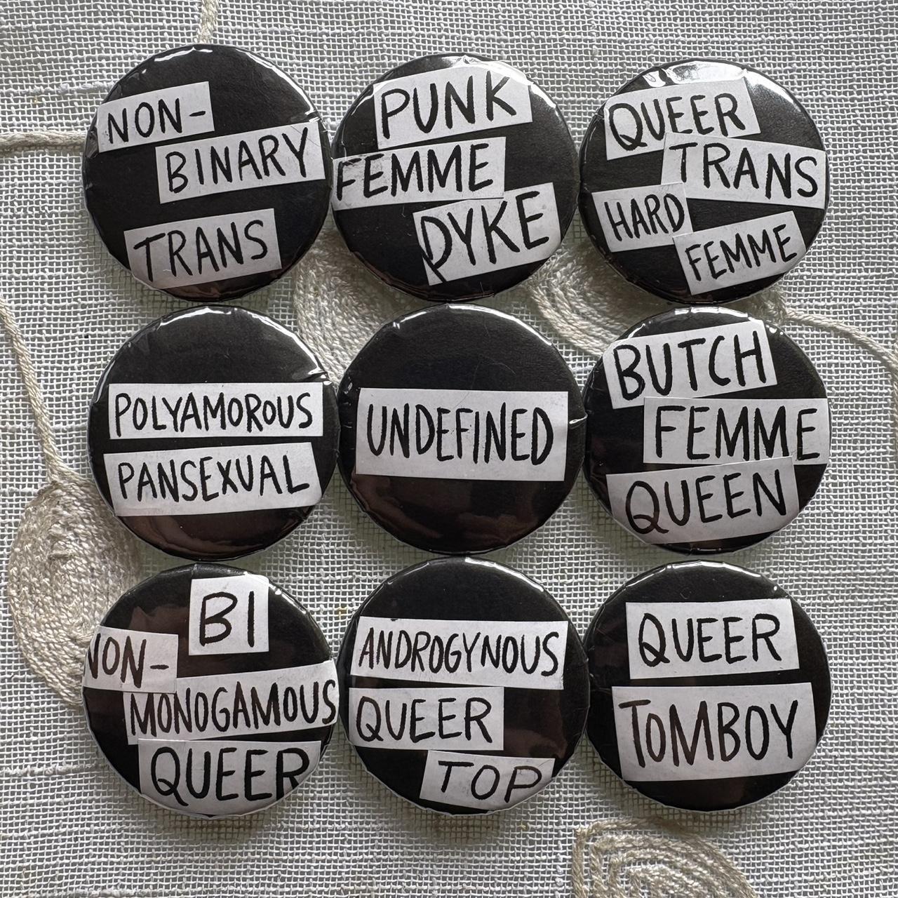 10 queer and trans themed pins, hand made by me with... | Depop