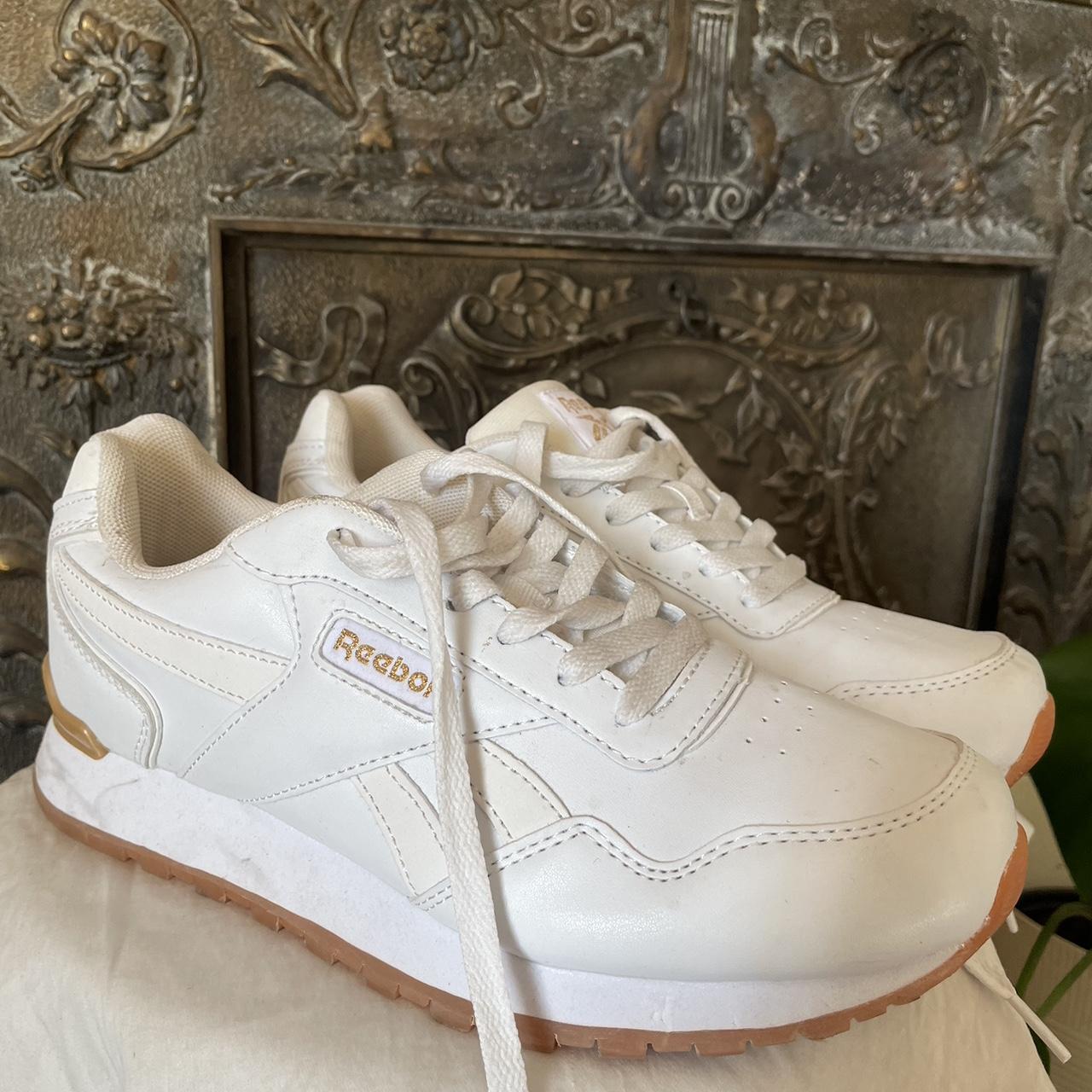 White Reebok trainers with slight wear on the soles,... | Depop