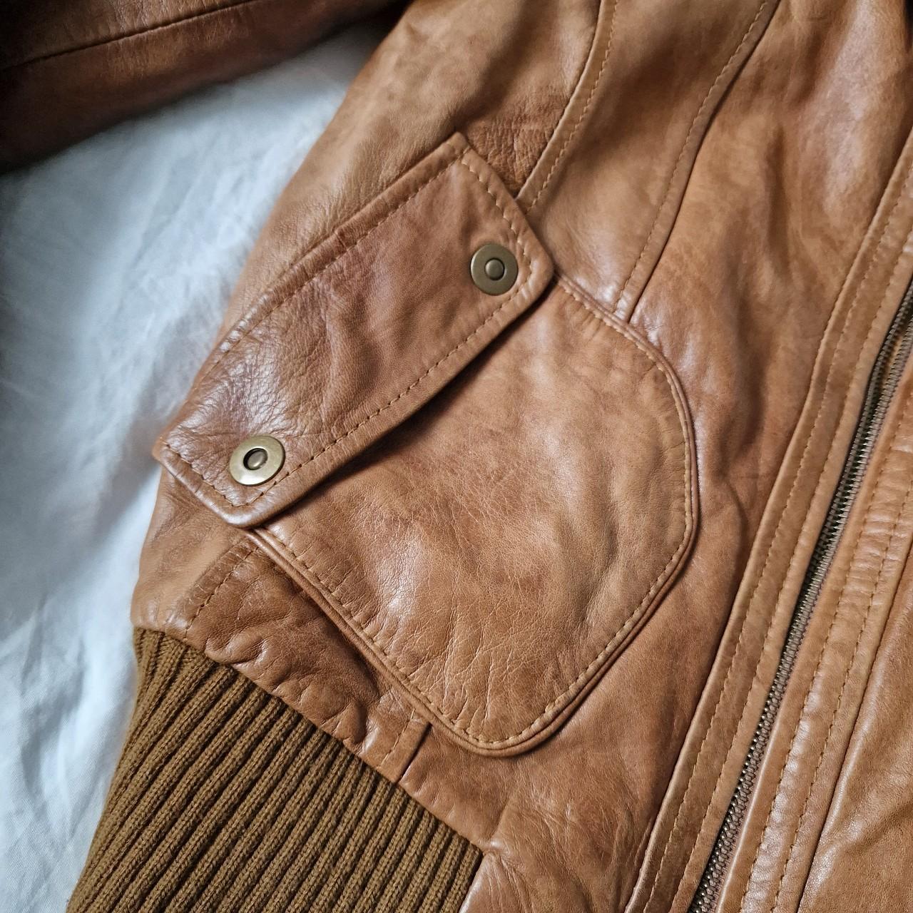 Camel brown vintage leather bomber jacket from Oasis... - Depop