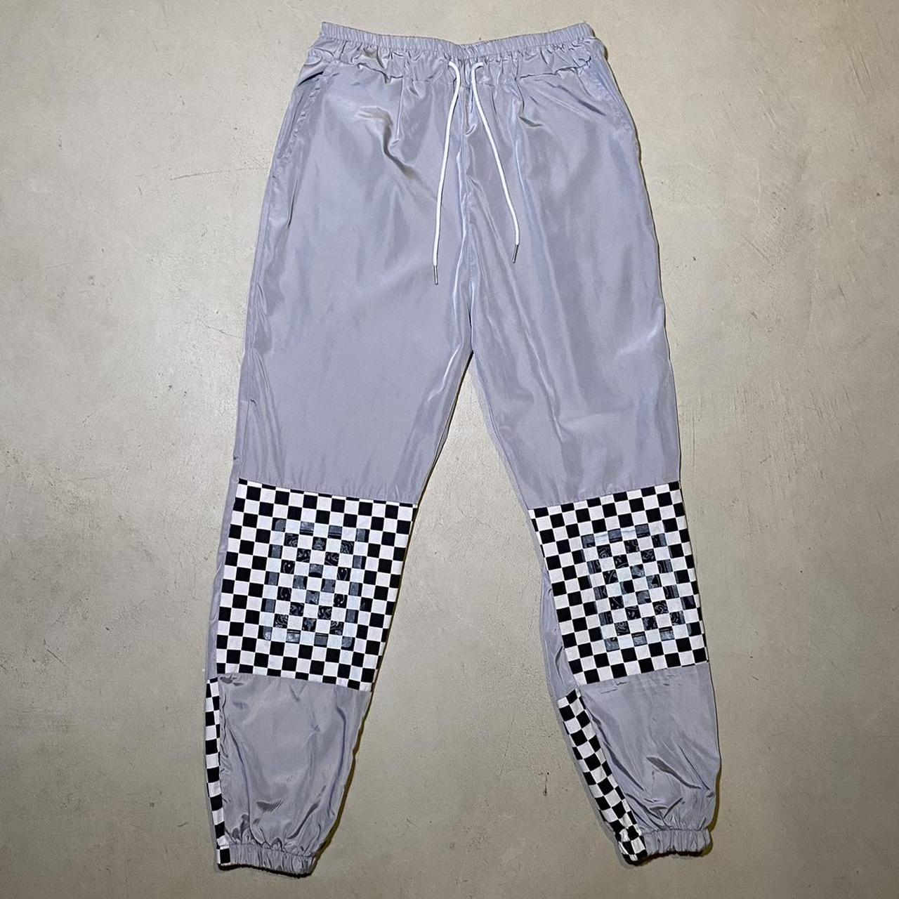 Grey and black checkered track pants with adjustable... | Depop