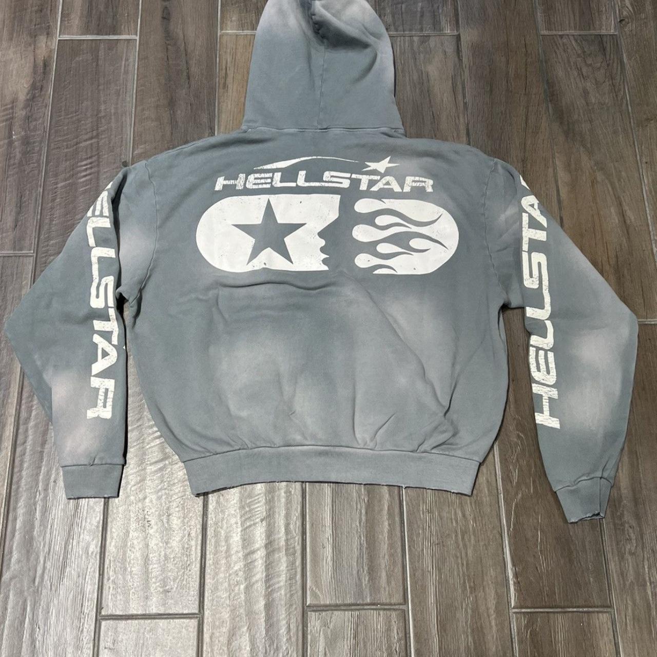 Grey and white Hellstar zip-up hoodie with flames... - Depop