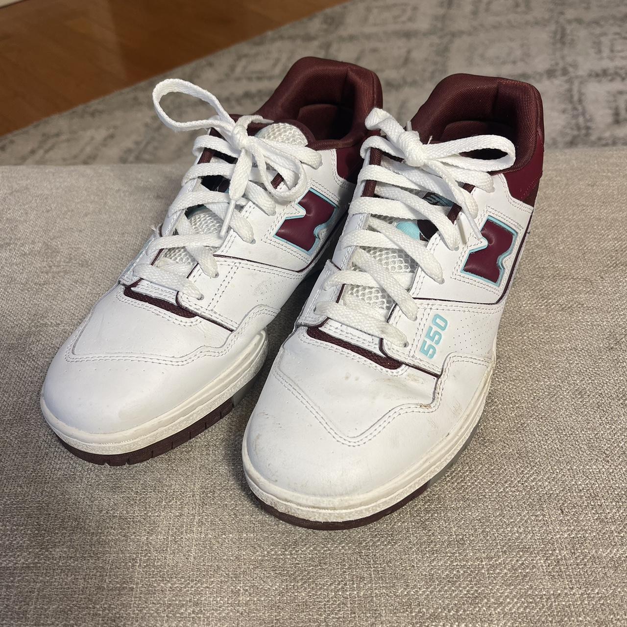 New Balance Men's White and Burgundy Trainers | Depop
