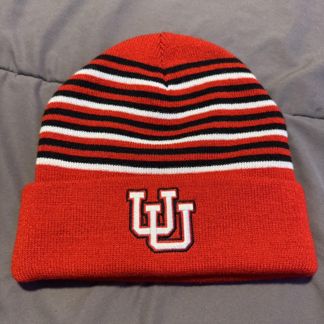 Red and black striped Utah University beanie... - Depop