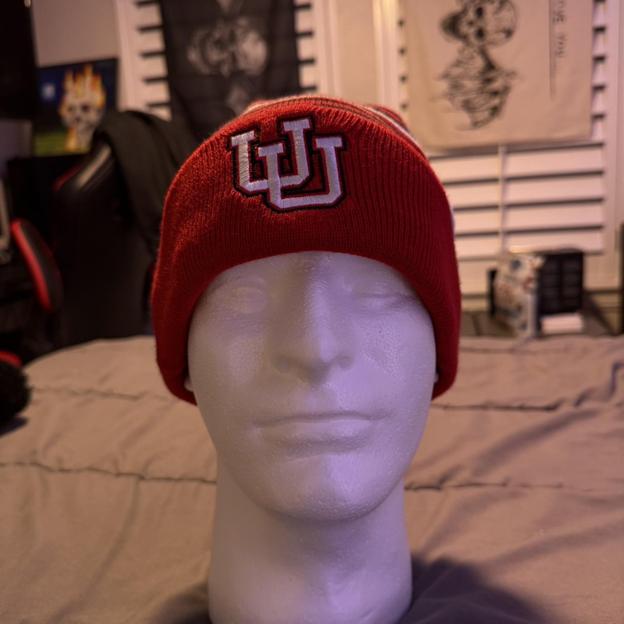 Red and black striped Utah University beanie... - Depop