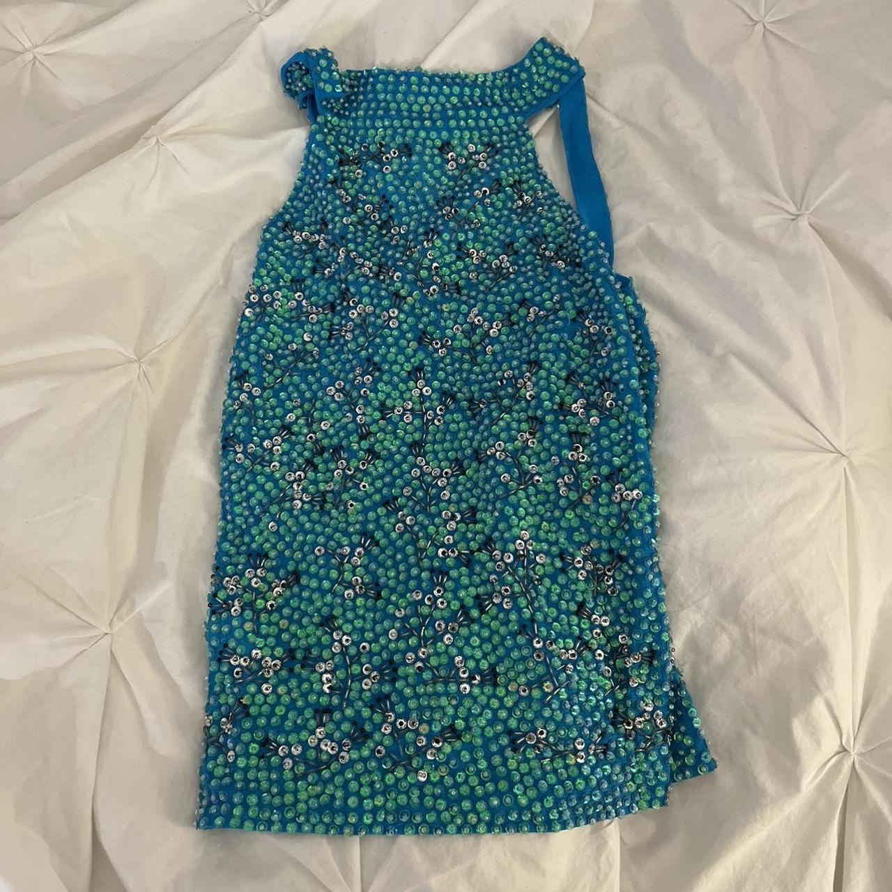 Thrifted beaded blue and teal top!! has an open back... | Depop
