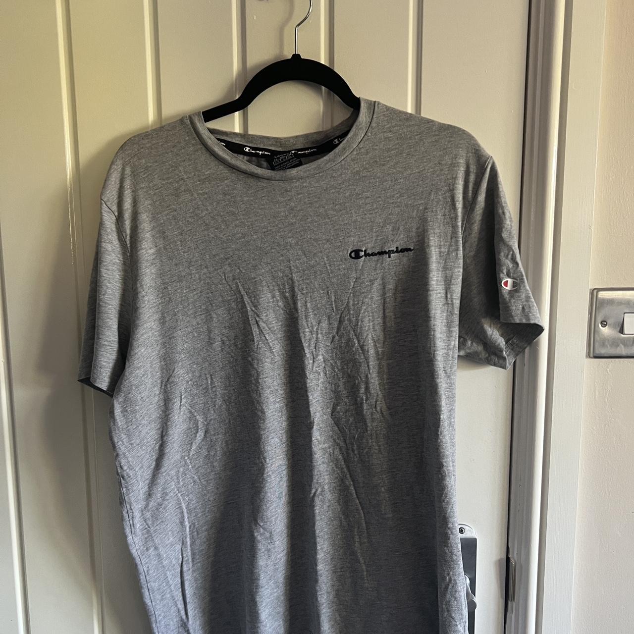 champion men’s L large grey t-shirt front print open... - Depop