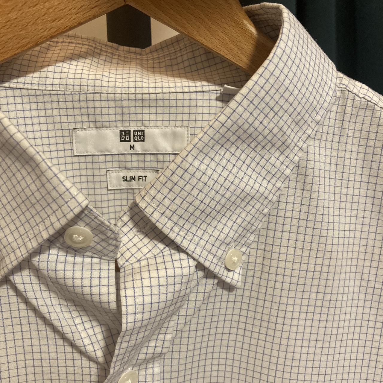 Uniqlo Slim Fit button down. White with light blue grid - Depop
