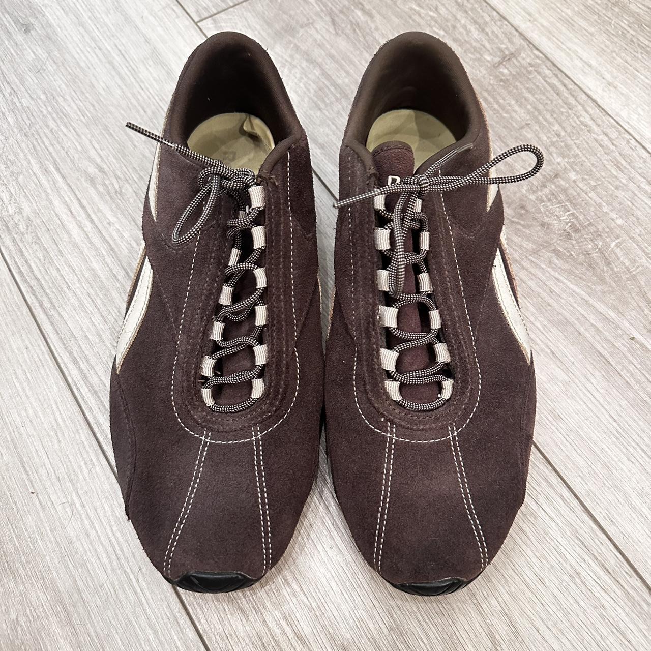 Brown and white suede Reebok trainers with laces... - Depop