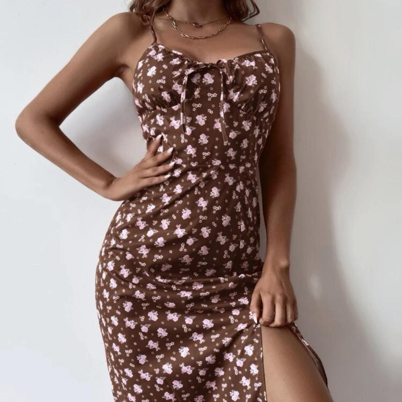 Brown floral dress from Shein Tie detail at the... - Depop