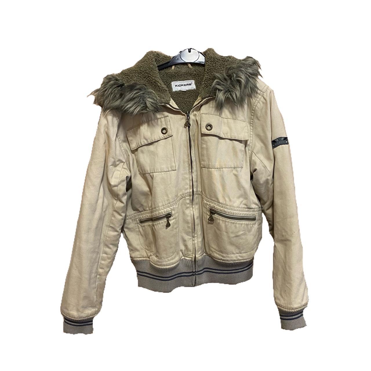 Beige / cream Kickers jacket with fur hood and... - Depop