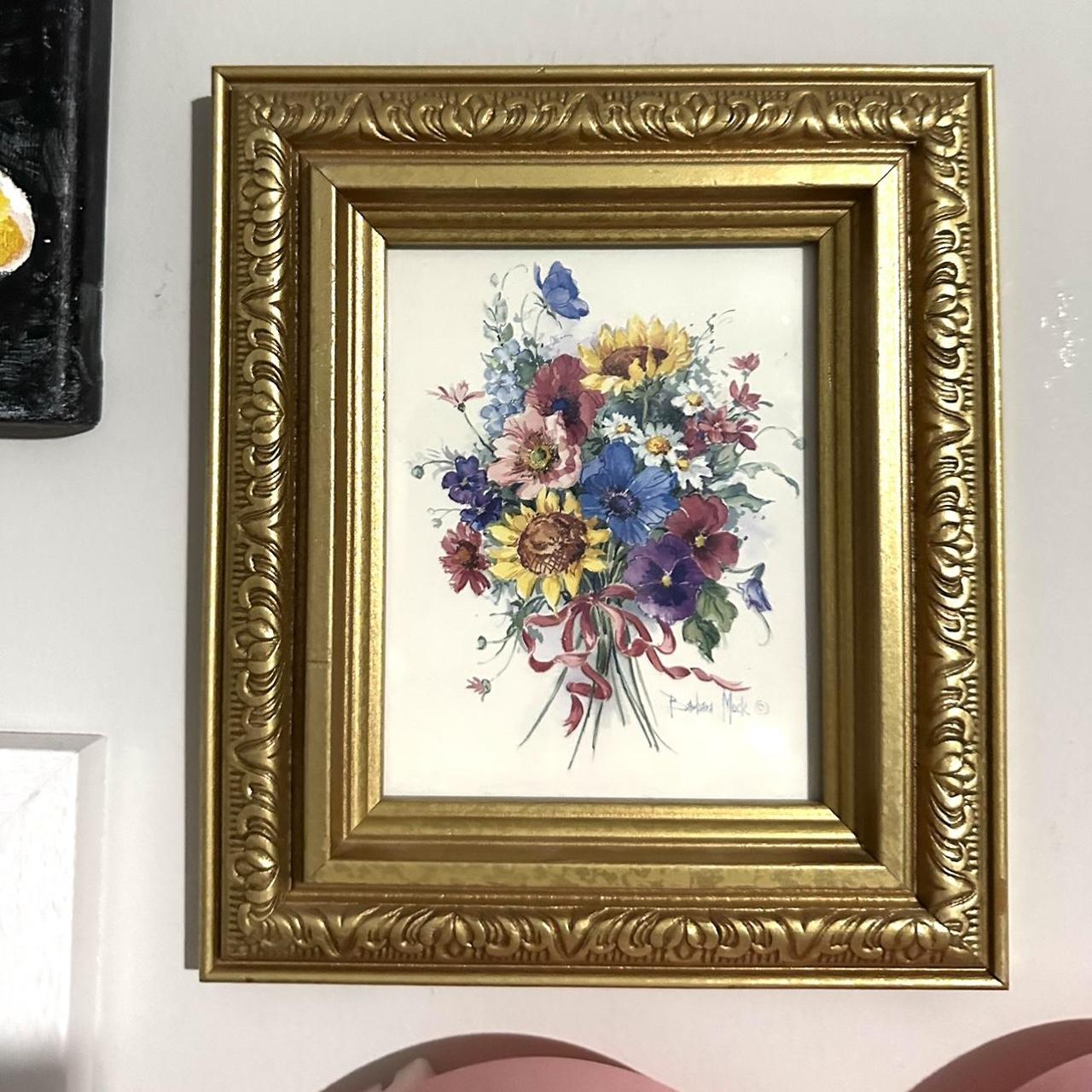 Very Cute Vintage Gold Frame Flower Bouquet... - Depop