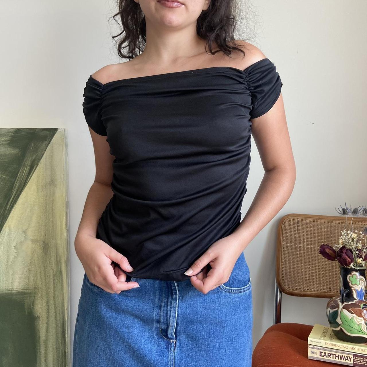 Vintage 90s black ruched off the shoulder top by... - Depop