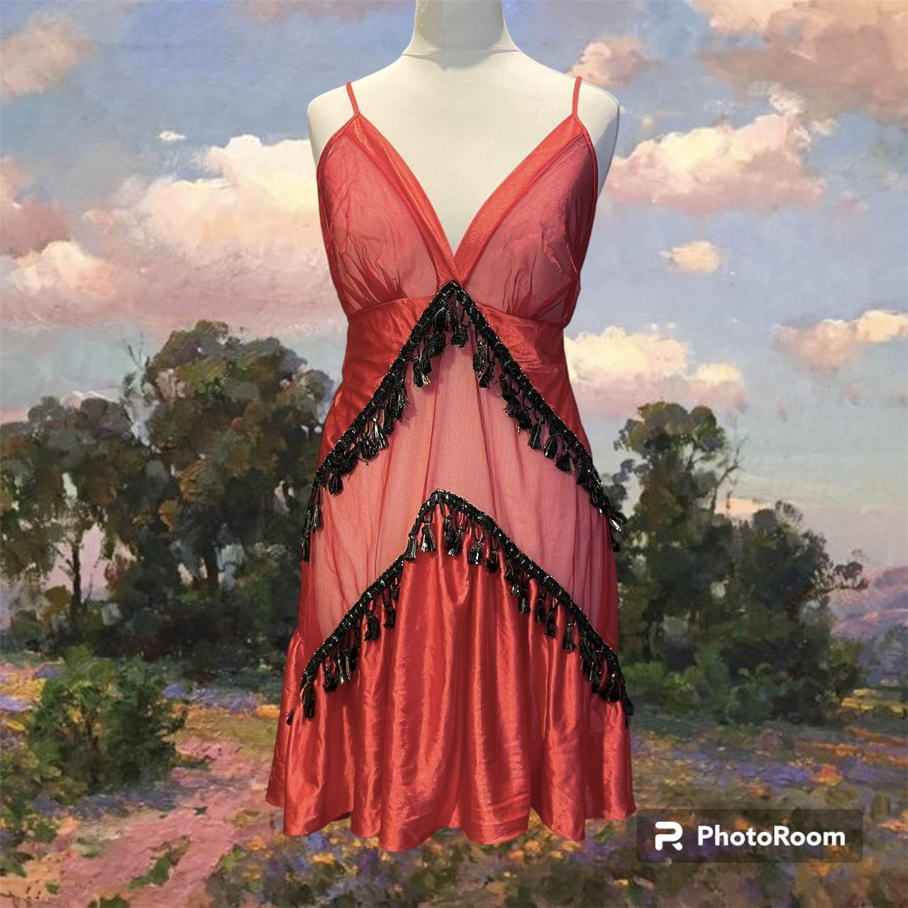 Vintage silk flowy red dress. V neck adorned with... - Depop