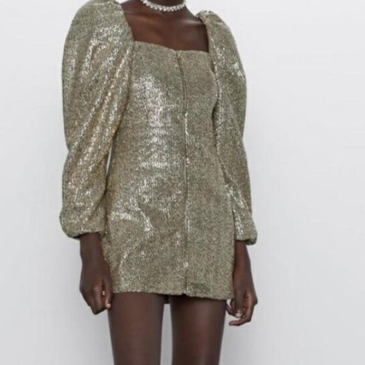 Zara gold sequin dress, worn once for a few... - Depop