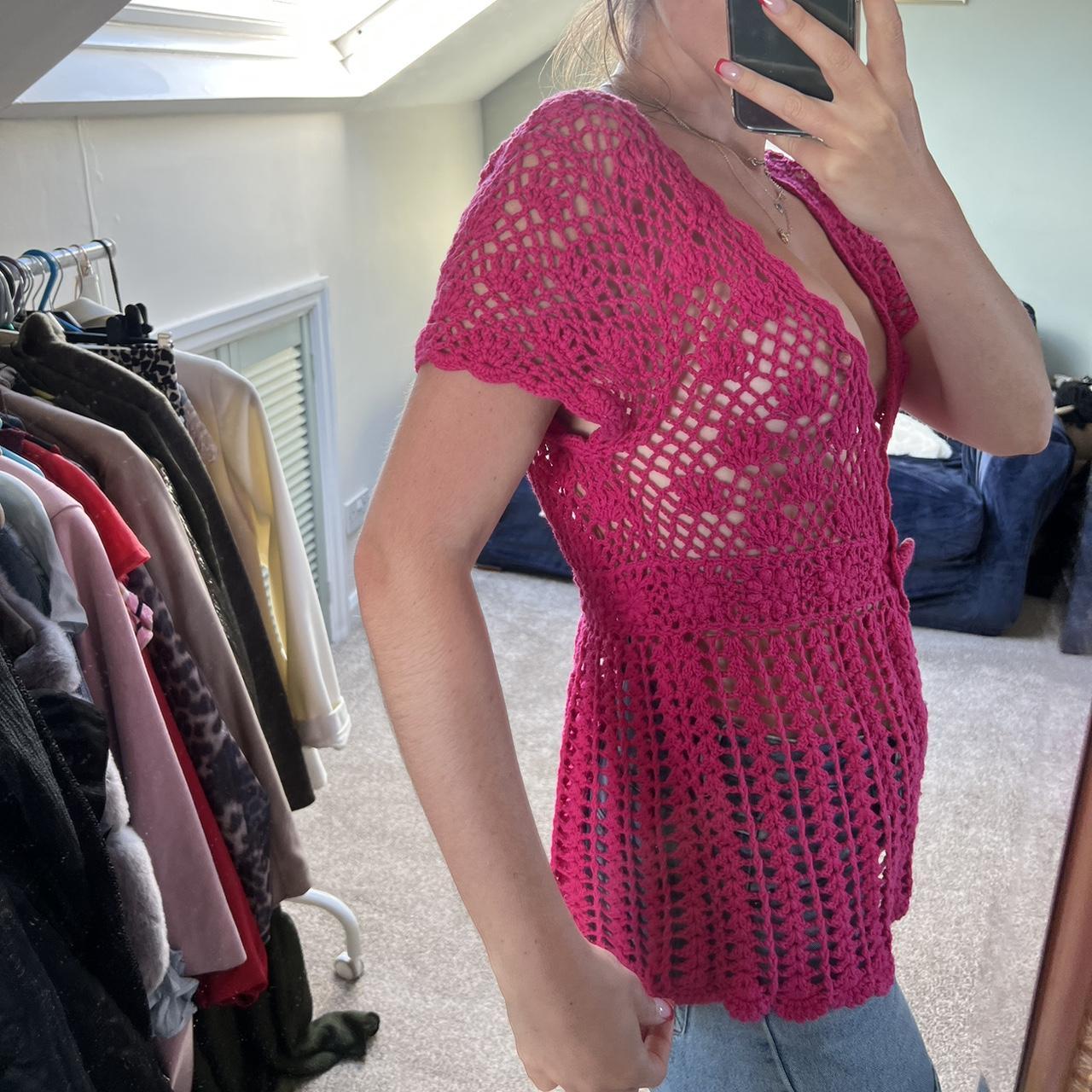 Vintage pink crochet top cardigan Knit floral... - Depop