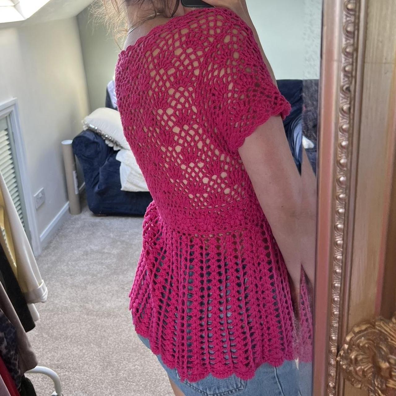 Vintage pink crochet top cardigan Knit floral... - Depop