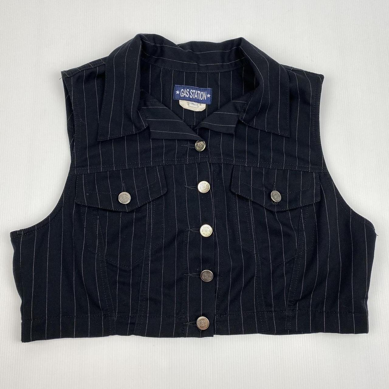 vintage 2000s black pinstripe button up cropped vest... - Depop
