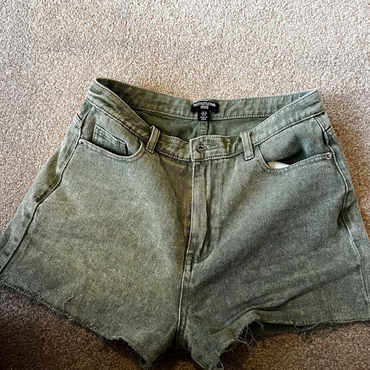 Green denim shorts - high waisted frayed edges. Size... - Depop