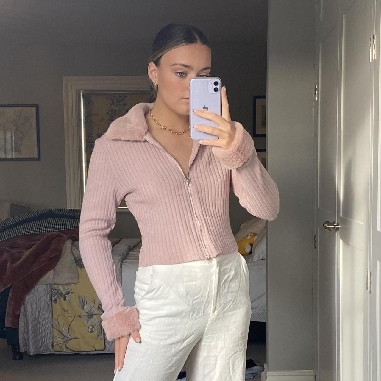 Motel rocks loria fur zip cardigan in pink 90s y2k... - Depop