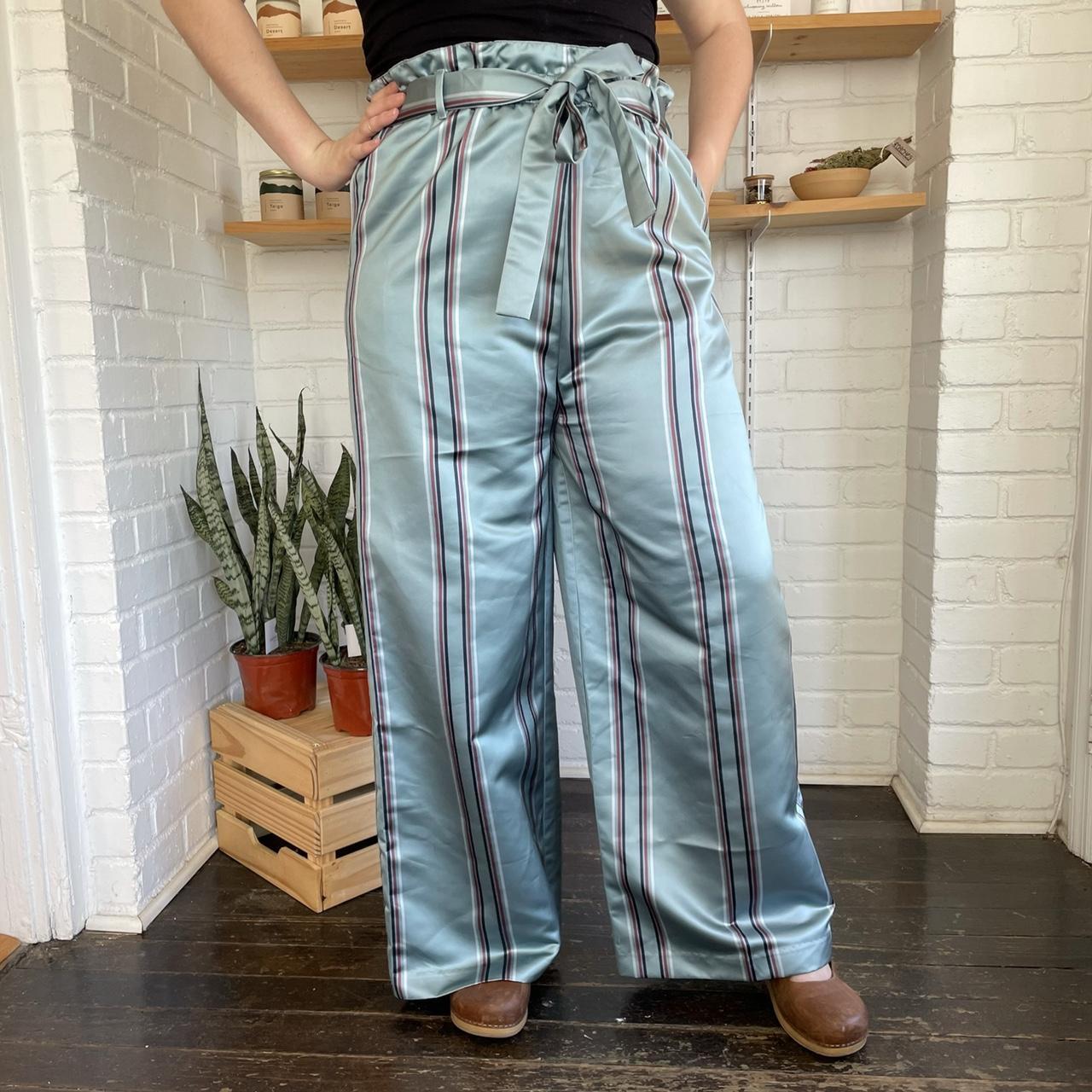 Blue stripe satin wide leg high waisted fancy tie... - Depop