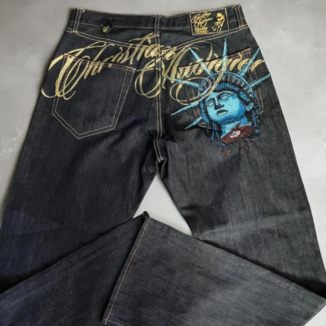 Statue of Liberty Rhinestone Y2K Denim Jeans Jeans... | Depop