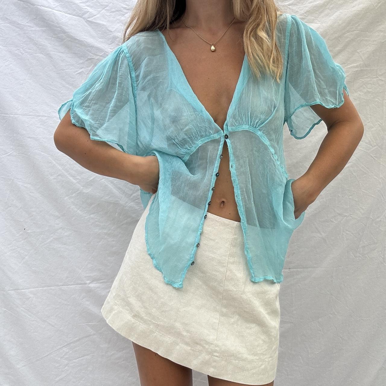 Vintage aqua turquoise button front top - frill... - Depop