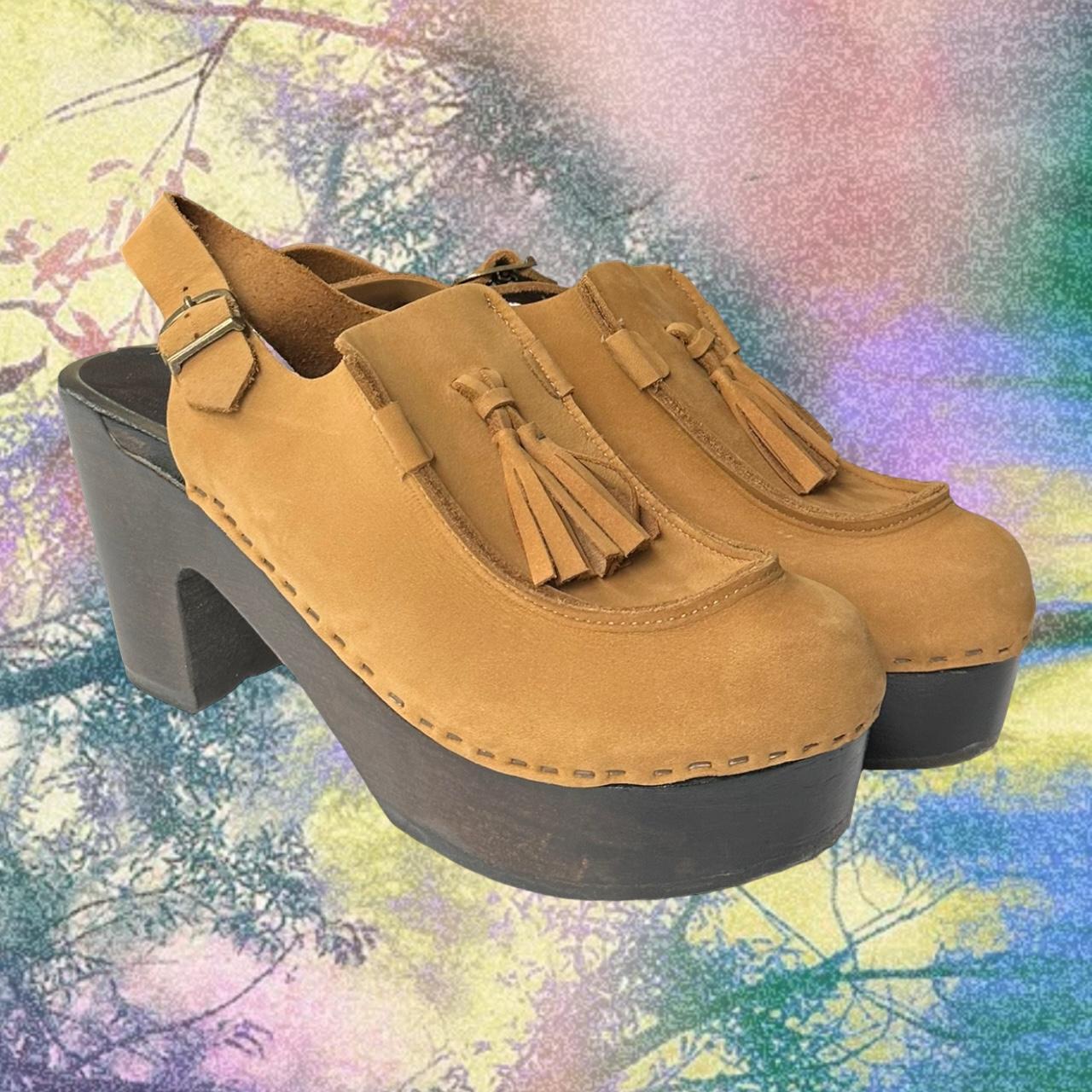 Tan Sven platform leather suede clogs with tassel... - Depop
