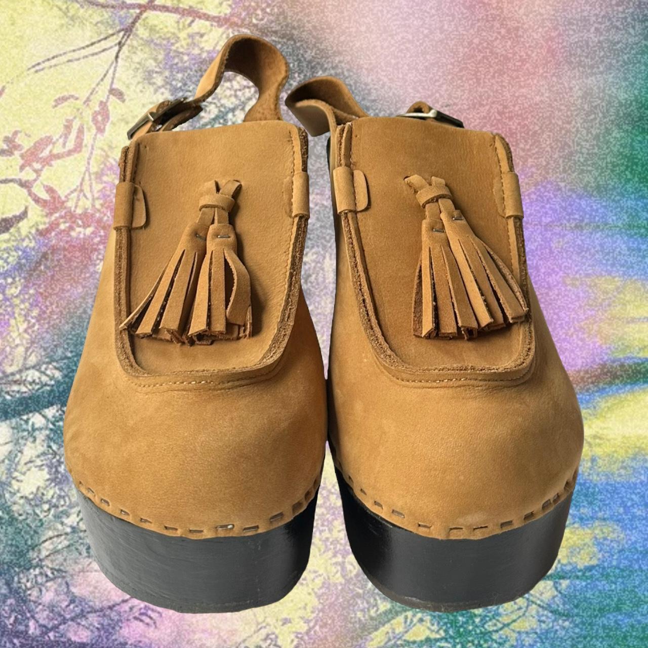 Tan Sven platform leather suede clogs with tassel... - Depop